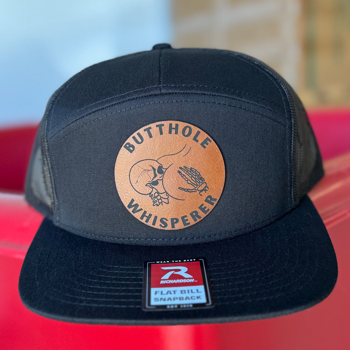 QUICK ORDER Butthole Whisperer Hat - leather circle skeleton patch – Rusty Lids