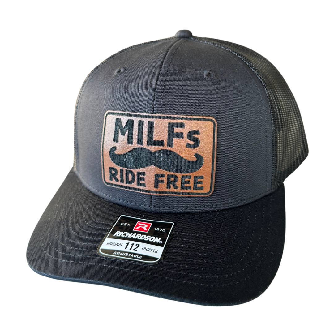 QUICK ORDER MILFs Ride Free Hat - 112 Black/ Brown leather patch – Rusty Lids