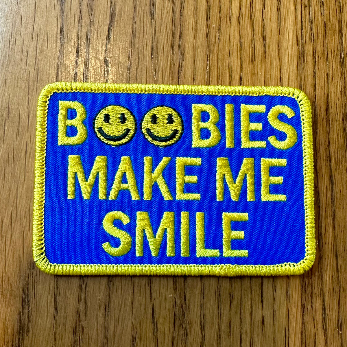 Boobies Make Me Smile Patch - Gold/ Blue – Rusty Lids