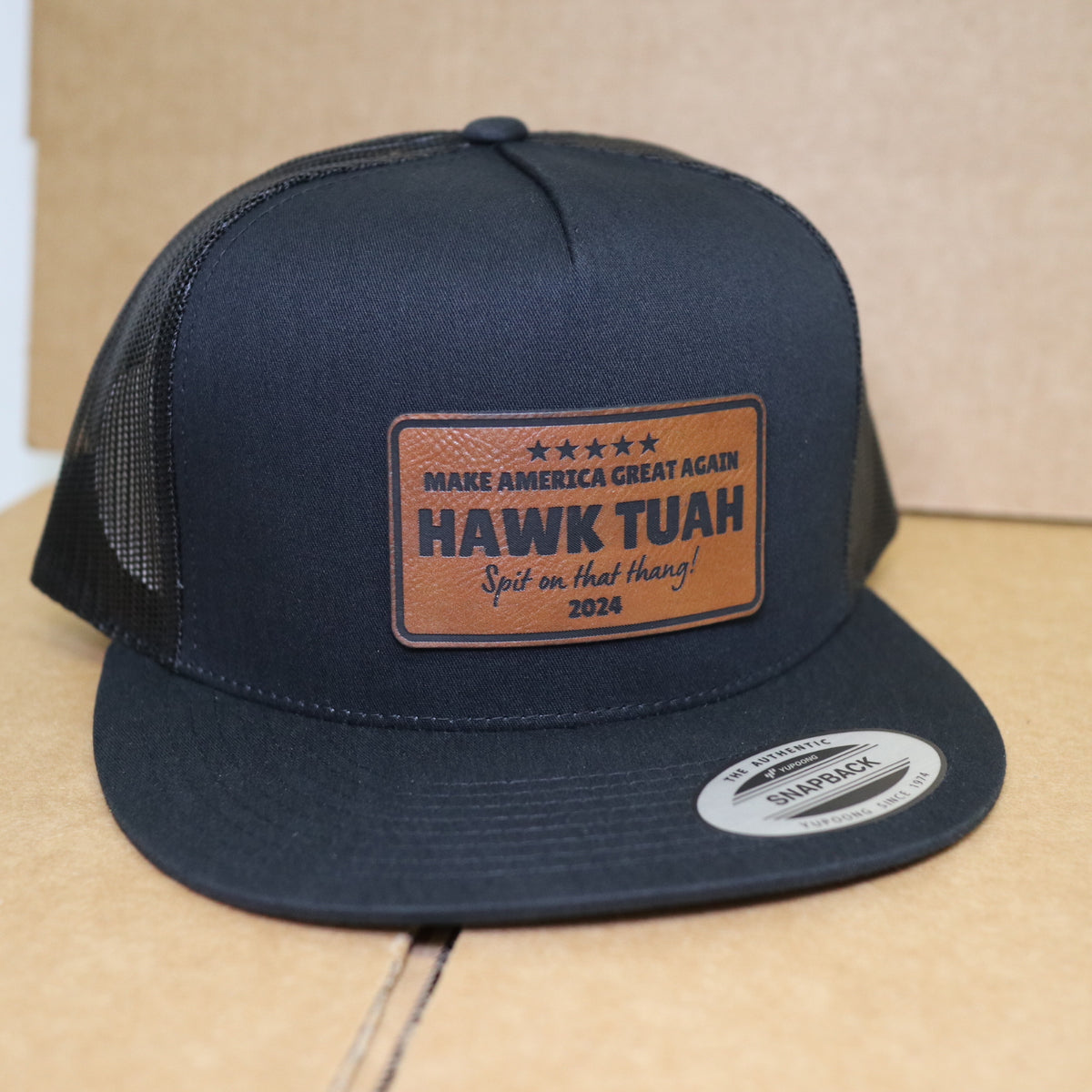 QUICK ORDER Hawk Tuah MAGA Hat - Blk 6006 / Brown Leather – Rusty Lids