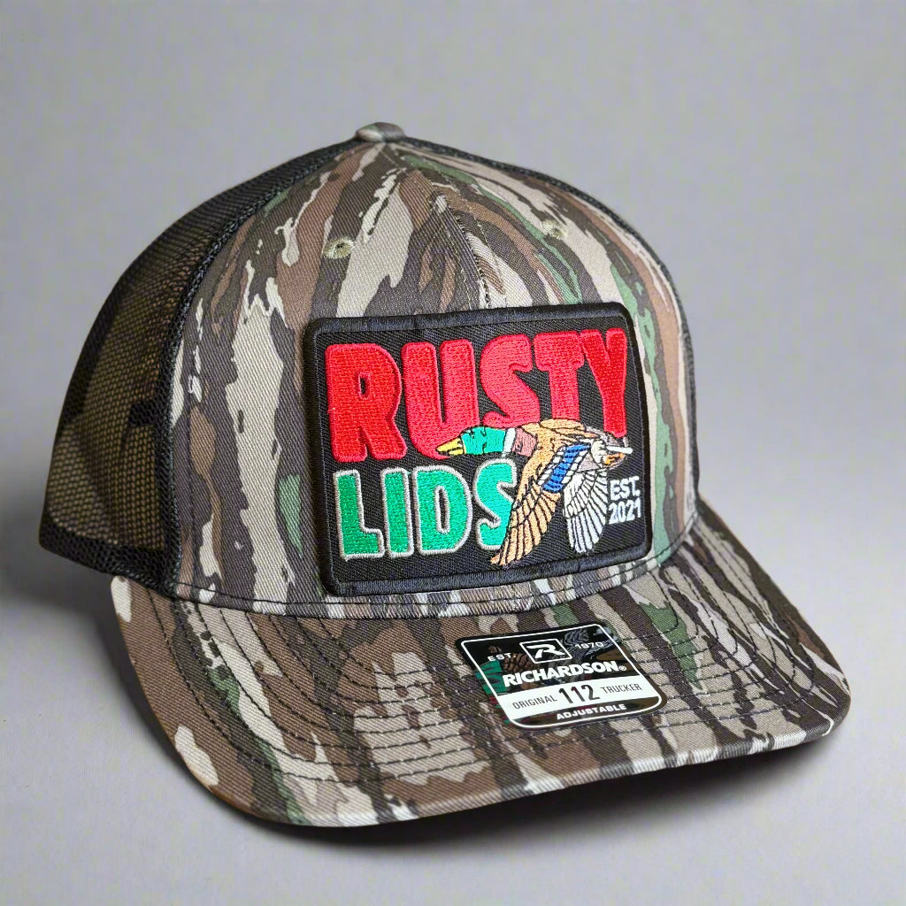 Rusty Lids Mallard Hat - black background patch