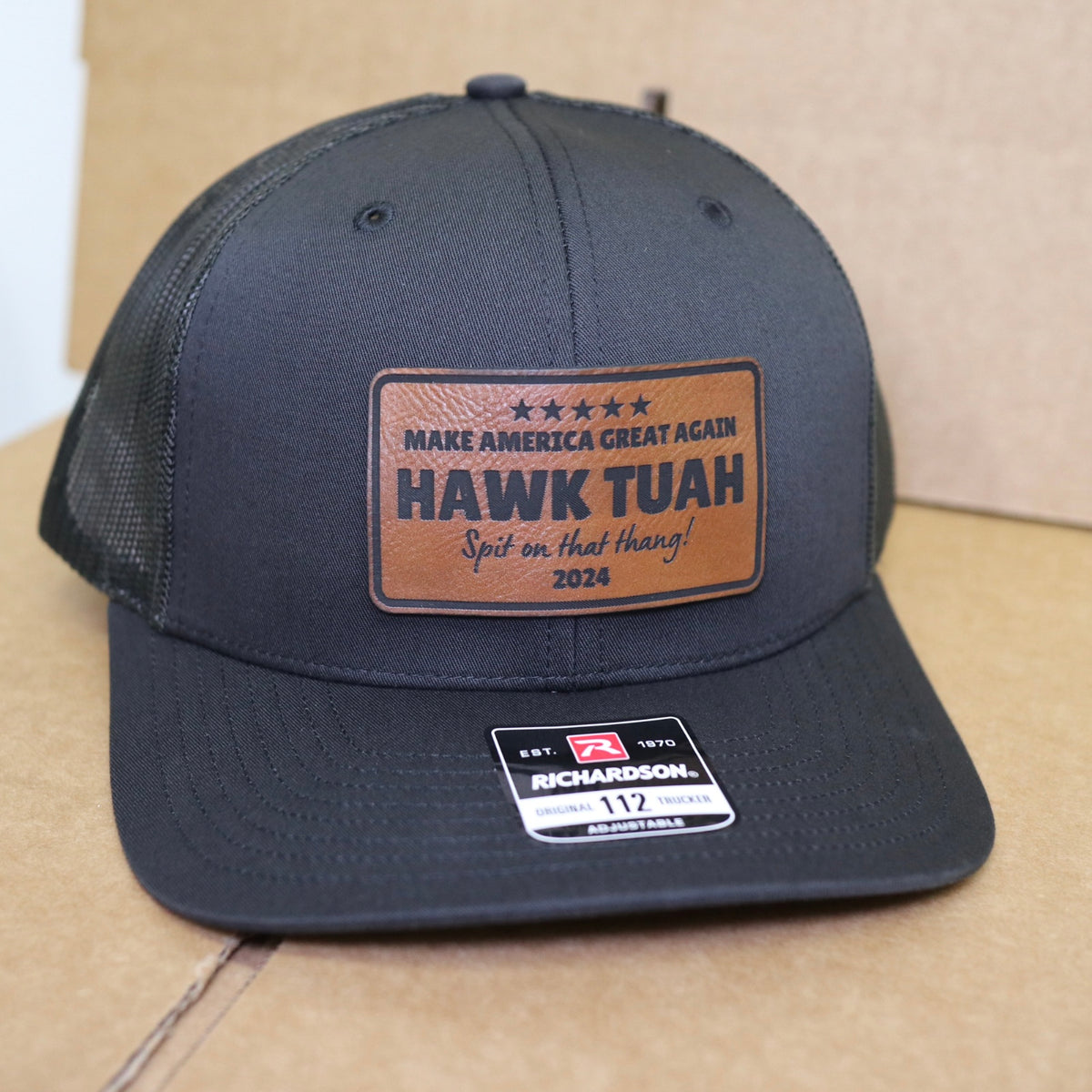 QUICK ORDER Hawk Tuah MAGA Hat - 112 Black/ brown leather – Rusty Lids
