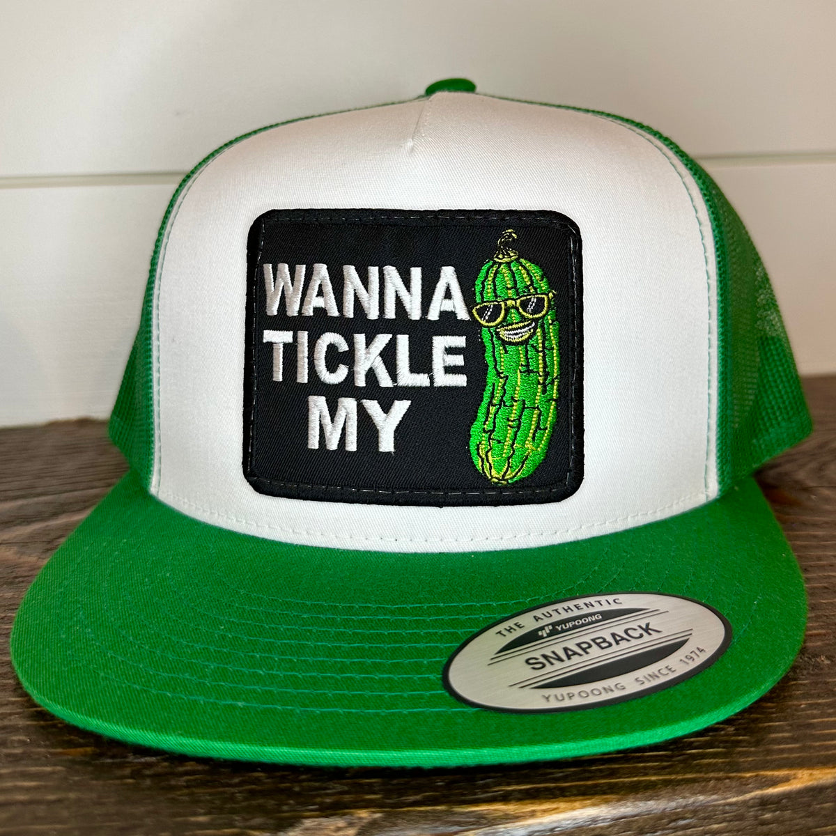 QUICK ORDER Wanna Tickle My Pickle Hat-green hat-black patch – Rusty Lids