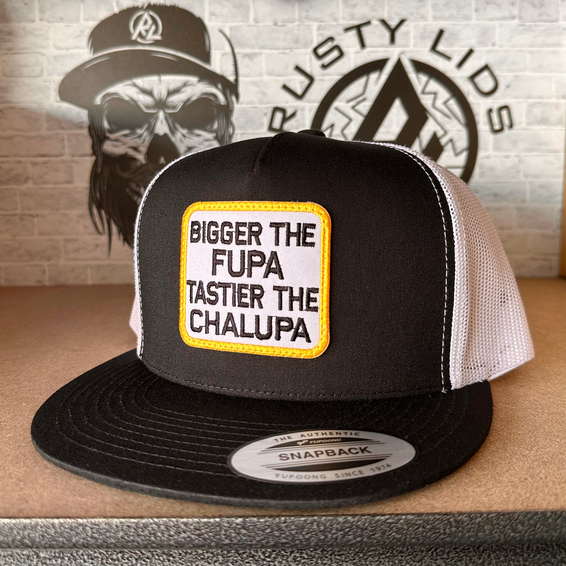 QUICK ORDER COMBO Bigger The Fupa Hat - Black/white hat-Gold patch – Rusty Lids